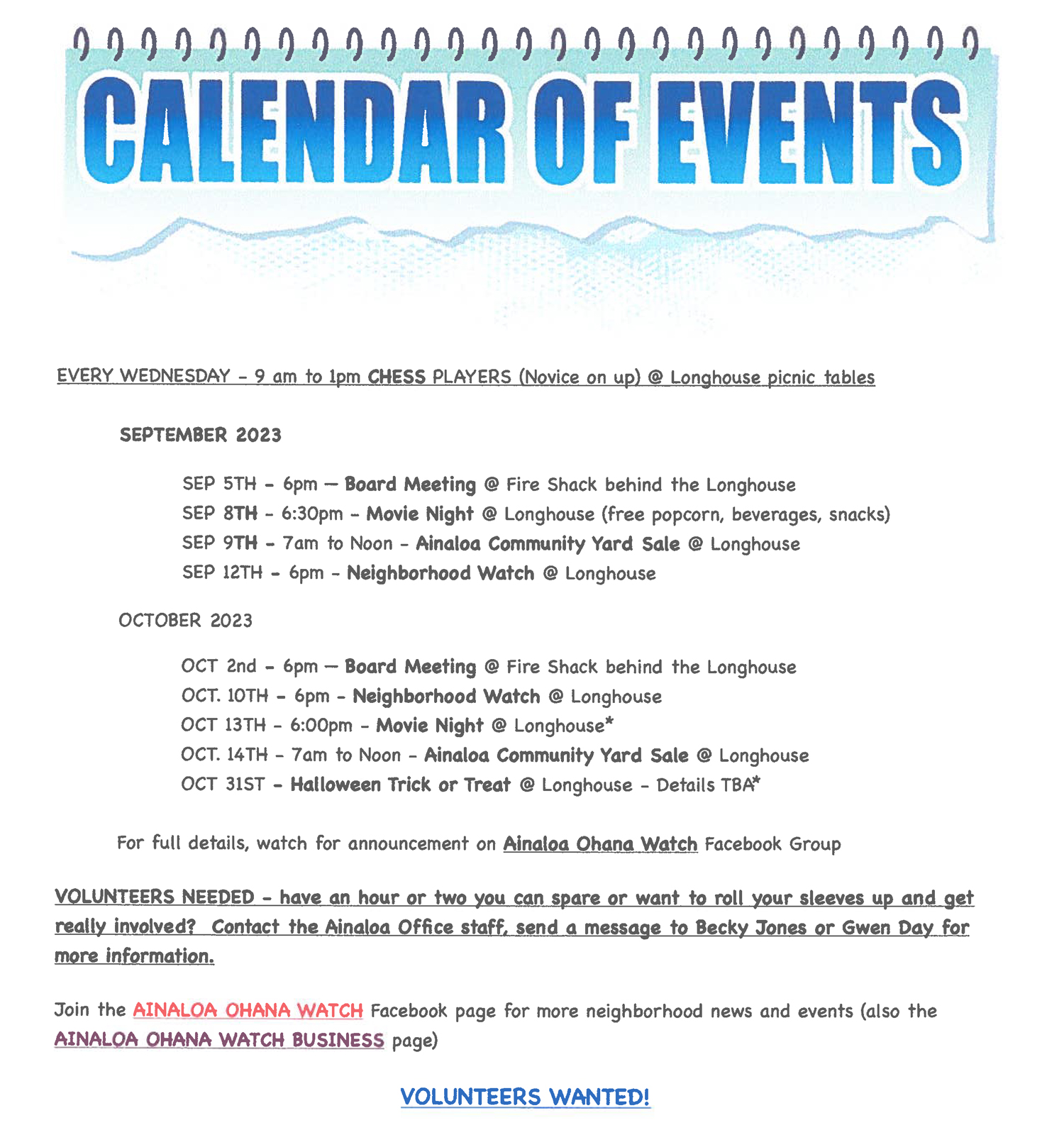 Calendar – Ainaloa Community Association
